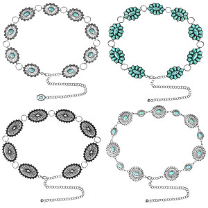 Henoyso Western Metal Belts for Women Silver Oval Flowers Chain Waist Chains for Dresses Jeans Western Cowgirl (Elegant)