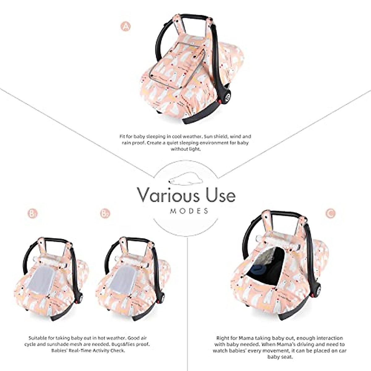 Car Seat Cover for Babies Boy&Girl, CCATTO Infant Carseat Canopy, Skylight Ventilation Design, 2 Layers Windows, Breathable Adjustable Universal Fit Baby Carrier Cover for Spring Autumn Winter