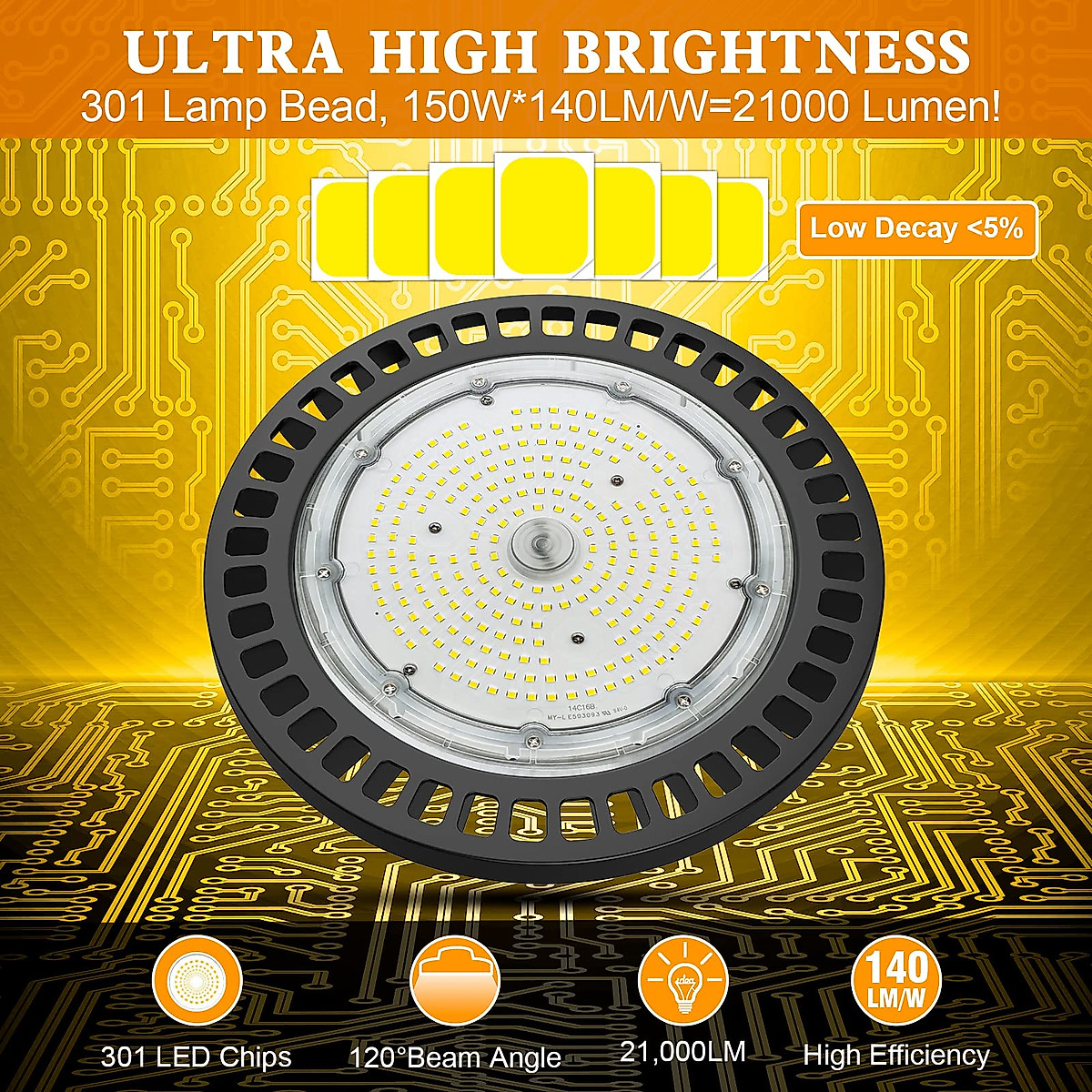 TREONYIA UFO LED High Bay Light 5000K ETL&DLC Listed (600W HID/HPS Equivalent), Super Bright LED Shop Garage Warehouse Lighting Lamp Fixture, IP65 Waterproof (with UL Approved 5’ Cable) (150)