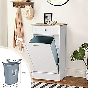 KIGOTY Tilt Out Trash Can Cabinet, Free Standing Kitchen Garbage Bin Holder with Hideaway Drawer and Countertop, Wooden Pet-Proof Recycling Trash Cabinet Laundry Hamper, White