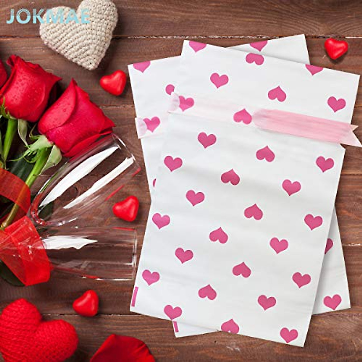 Valentines Day Treat Bags Candy Goodie Party Supplies - 50 Packs Pink Heart Drawstring Plastic Wrap, Chocolate Biscuit Cookie Cellophane Package, Gift Idea for Wedding Baby Shower Kids Girl Christmas