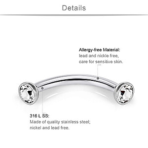 SCERRING 14G Stainless Steel Curved Barbell Snake Eyes Tongue Ring Nipplerings Nipple Rings Piercing Jewelry Retainer Jeweled Clear CZ Gilitter Balls 16mm 12PCS