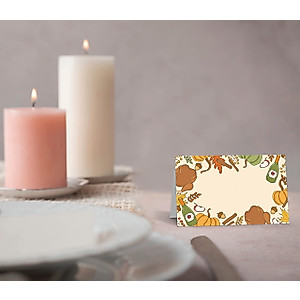 Fall Thanksgiving Table Place Cards, Orange Pumpkin Blank Seating Place Card for Table, 25 Pack Buffet Food Tent Labels, Double Design Name Cards, Thanksgiving Day Party Decorations(05)