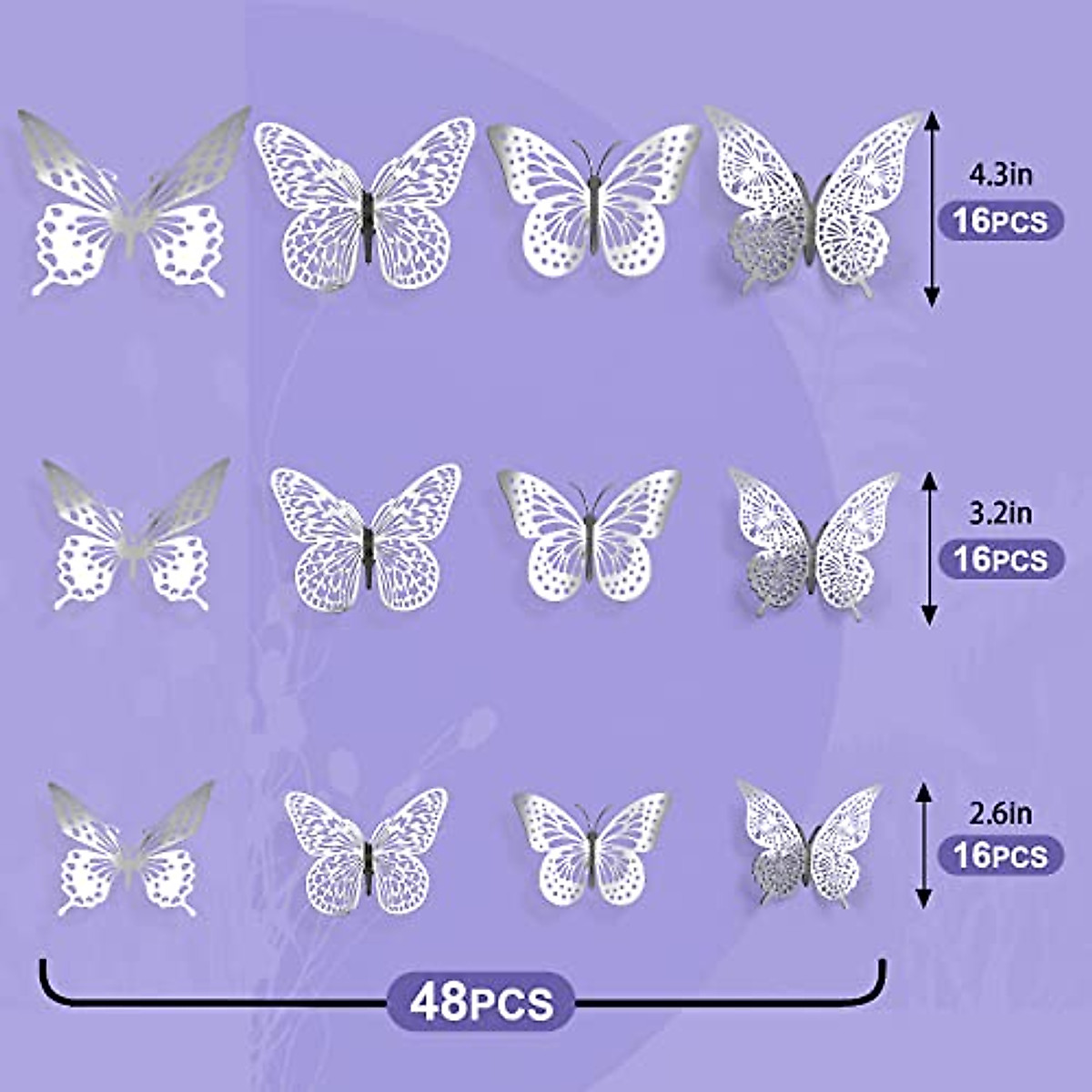 AMMON 3D Butterfly Wall Decor 48 Pcs Silvery 3 Sizes Decal Decorations for Birthday Party Cake Mural Sticker Removable Room Wall Art Stickers for Kids Nursery Classroom Bedroom Living Room Party Wedding