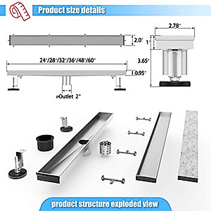 YEFU 2 IN 1 Linear Shower Drain 24-Inch, New type Linear Drains, 304 Stainless Steel Shower Floor Drain with Tile Insert Grate, Adjustable Leveling Feet, Hair Strainer