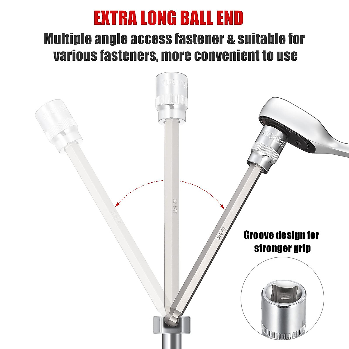 RIMKOLO 3/8 Inch Drive Long Ball End Hex Bit Socket Set,20-Piece SAE & Metric Allen Socket Set 3mm to 10mm & 1/8-3/8 Inch S2 Steel Bits