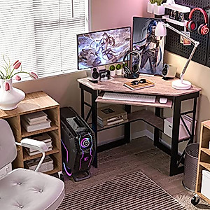 VECELO Corner Computer Desk Writing Smooth Keyboard Tray & Storage Shelves,Compact Home Office Triangle Table, Rustic Natural Brown