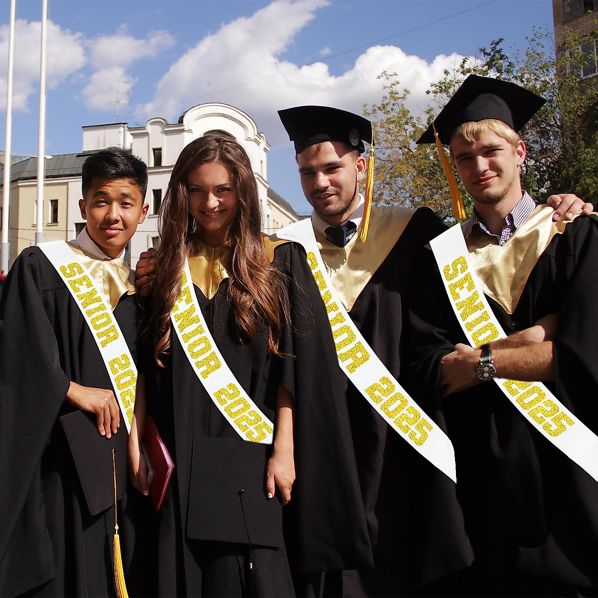 Generic 8 Pcs White Senior 2025 Sashes with Gold Glitter Letters - Graduation Celebration sash, Senior Sashes Class of 2025, Senior Cheer Sash, Class Competition Sashes, Graduation Party Supplies