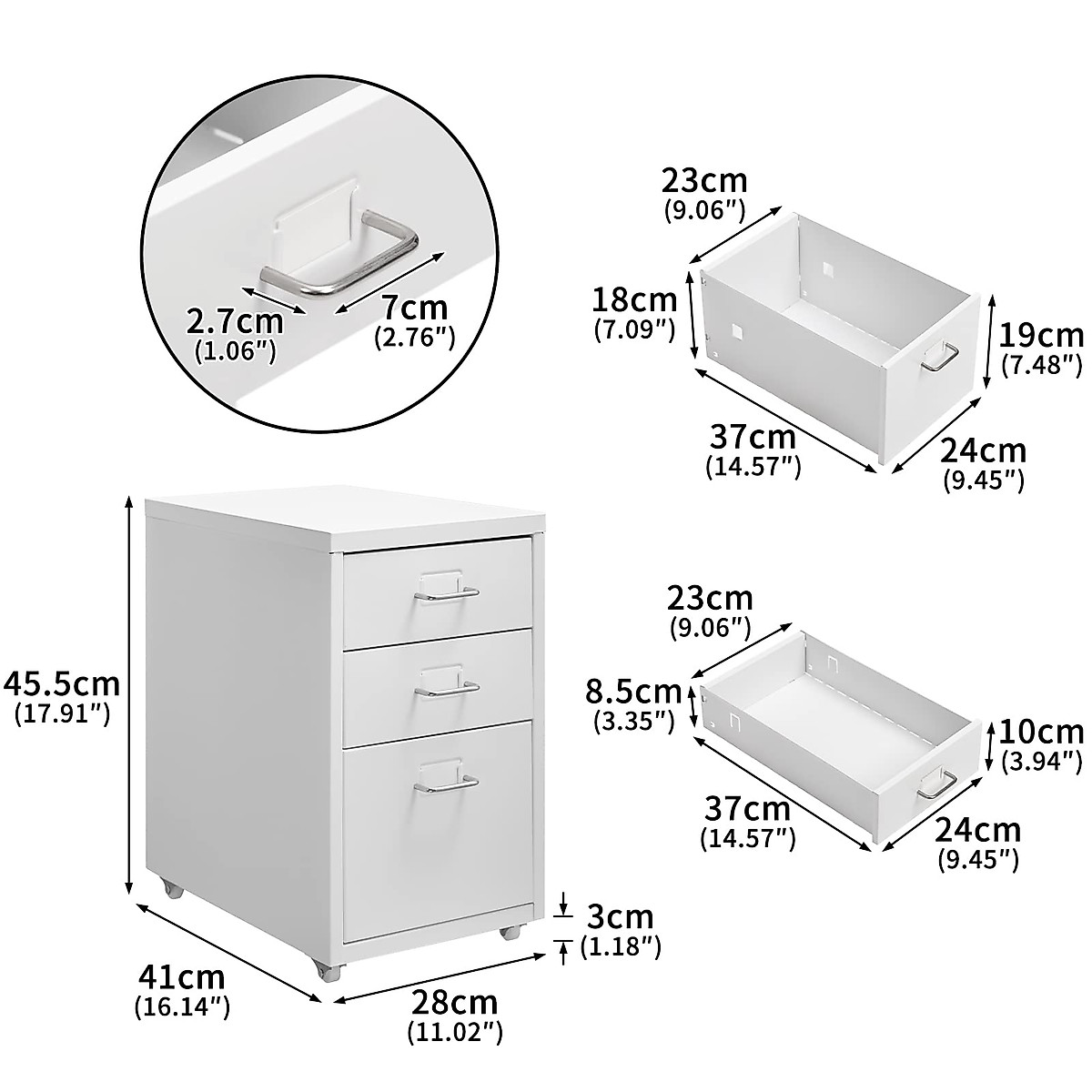 HollyHOME 3-Drawer Mobile Classification Storage Cabinet, Under Desk for A4 Mini File Cabinet, Mobile file Cabinet with Wheels for Home and Office, White