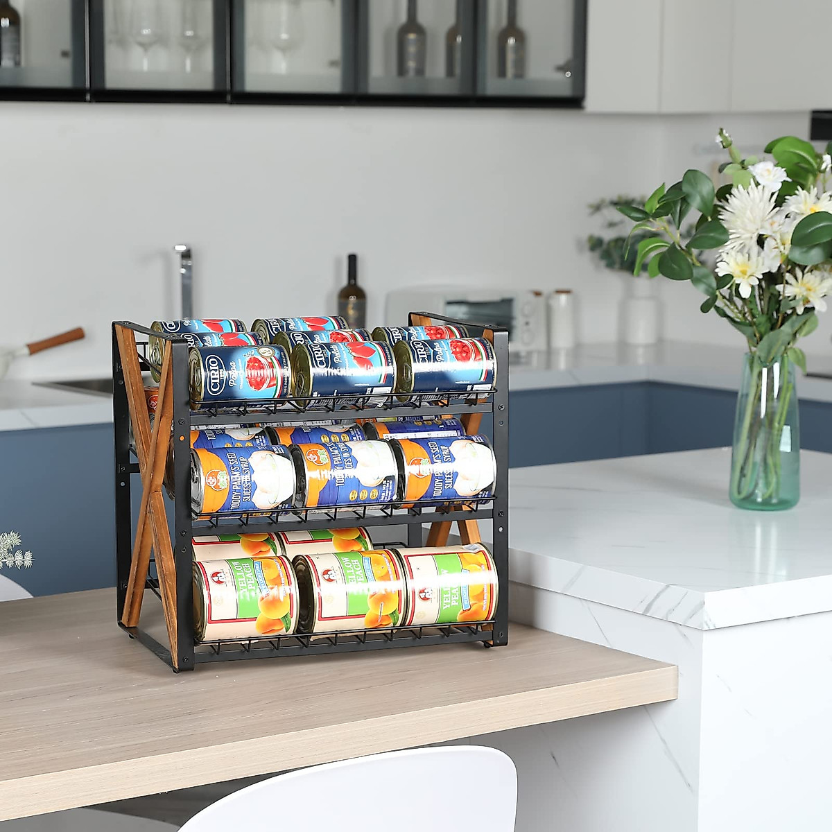 Stackable Can Rack Organizer, 3 Tier Stacking Can Storage Dispenser Wood Holder for Storing Canned Pantry Kitchen Cabinet or Countertop, for 36 Cans, Black