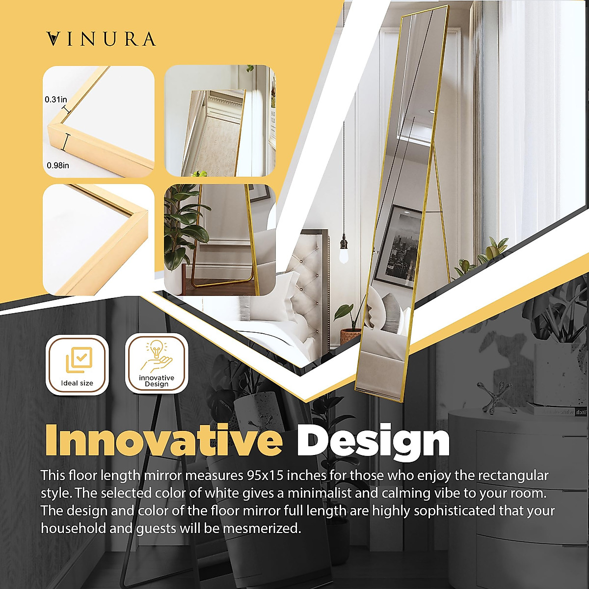 VENERA Long Mirrors for Bedroom - Sturdy Standing Mirror Full Length - Gold Aluminum Framed Full Length Mirror with Stand - 95” Tall Bedroom Mirror with Hanging Standing or Leaning