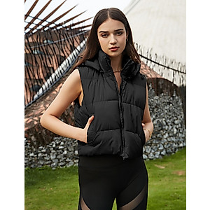 WEQULE Women's Cropped Puffer Vest Hooded Zip Up Winter Sleeveless Jacket lightweight Outwear Padded Gilet with Pockets(0001-Black-L)