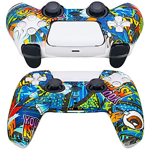 YoRHa Water Transfer Printing Silicone Thickened Cover Skin Case for PS5 Controller x 1(Blue Graffiti) with Thumb Grips x 10