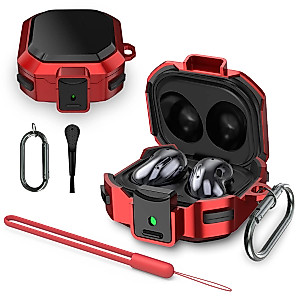 [with Lock] Armor Cover for Galaxy Buds Pro Case/Galaxy Buds 2 Case/Galaxy Buds Live Case,Shockproof PC+TPU Protective Cover for Samsung Buds 2/Buds Pro/Buds Live with Keychain&Wrist Strap&Brush(Red)
