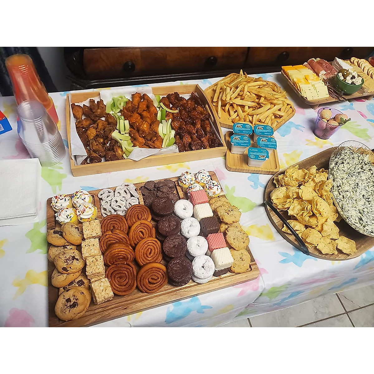 PAFREWOG Bamboo Serving Trays Cutting Boards 16.5"x11.8"（42x30cm) with Handle, Set Includes 0.63"(1.6cm) Thick Plates 1xHexagon 12.5"(32cm)+1xSquare 7.8"(20cm)+1xSquare 5.9"(15cm) for Family Dinner