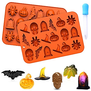 AIERSA Halloween Candy Gummy Molds, 2 Pcs Halloween Silicone Mold with 1 Pcs Dropper for DIY Halloween Gummies, Candy, Jelly, Chocolate, Jello