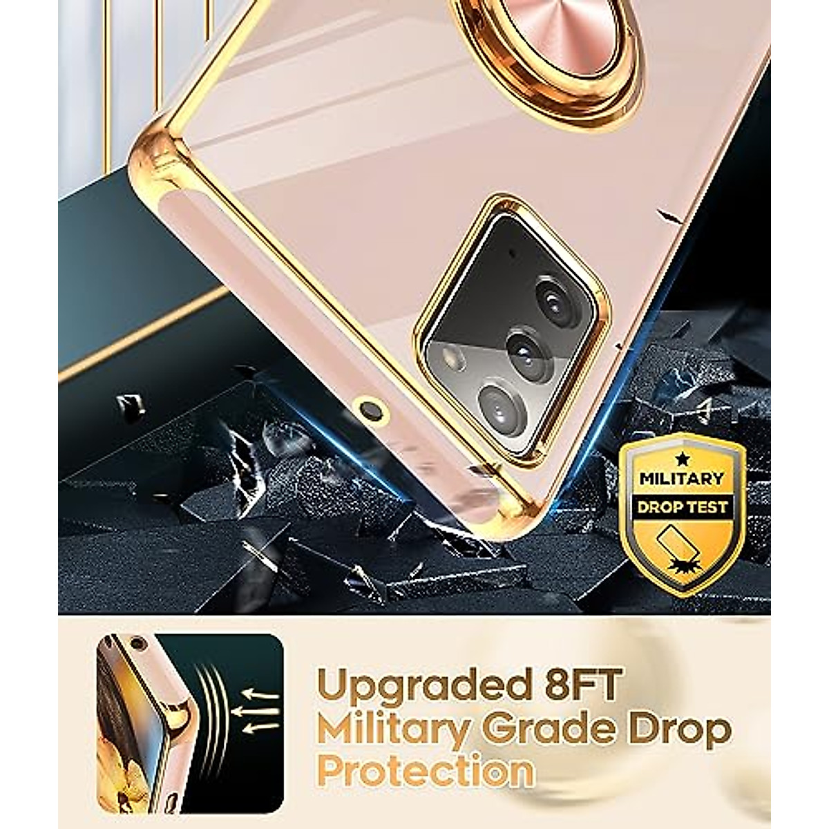 LeYi for Galaxy Note 20 Case: 360° Rotatable Ring Holder Magnetic Kickstand, Plating Rose Gold Edge Protective Samsung Galaxy Note 20 Case, Pink