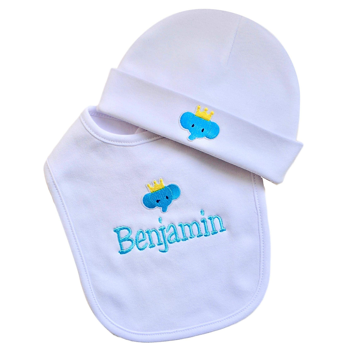 Funny Girl Designs Personalized ELEPHANT Baby Bib with Embroidered Name and Matching Cotton Hat Baby Shower Keepsake Gift Set (Blue Set)