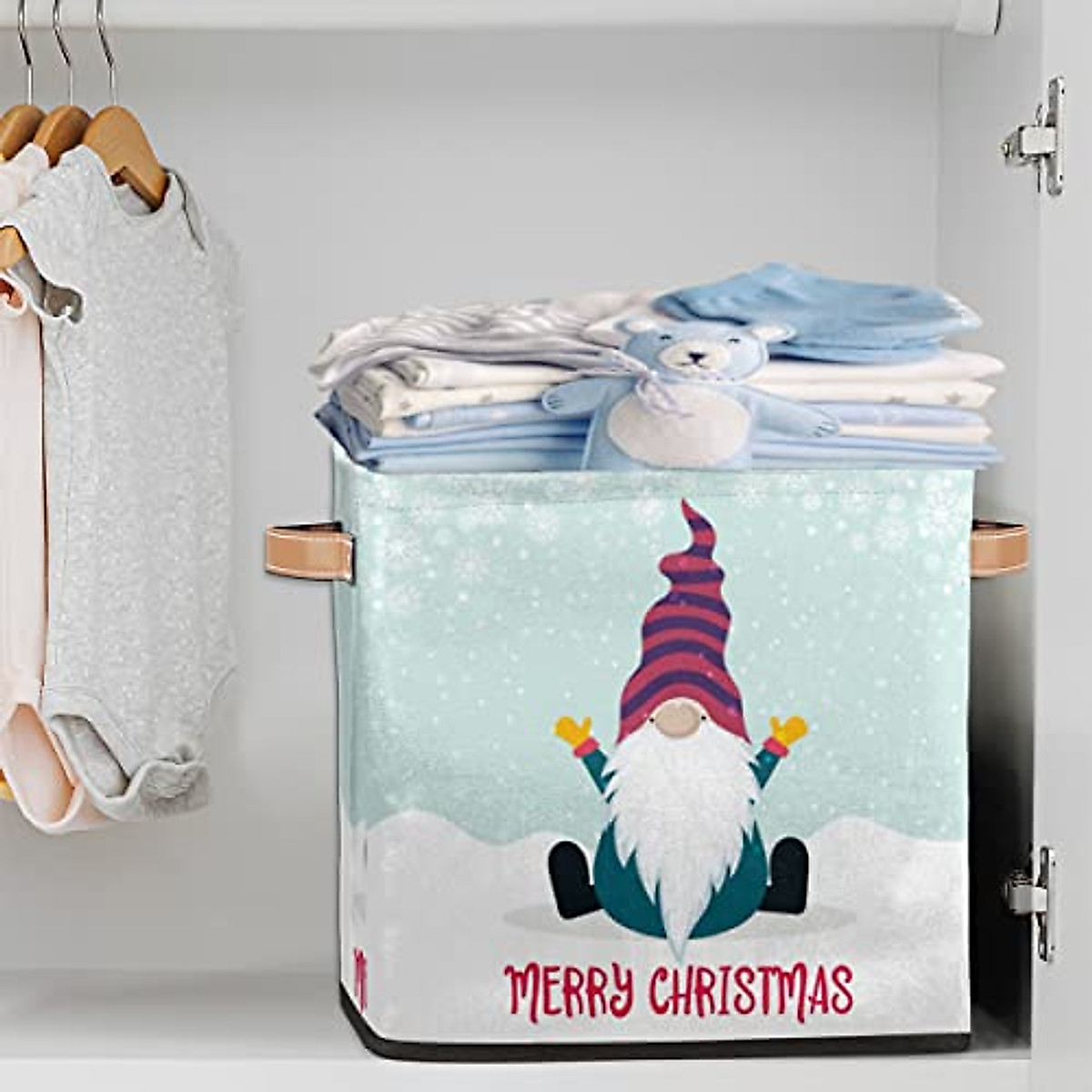 Christmas Gnome Large Collapsible Storage Bins,Funny Tomte Decorative Canvas Fabric Storage Boxes Organizer with Handles,Cube Square Baskets Bin for Home Shelves Closet Nursery Gifts