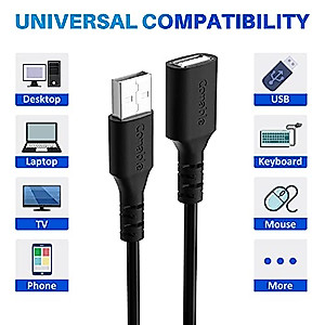 USB Extension Cable 4 Feet (3 Pack), USB Type A Male to Female USB 2.0 Extender Cord (from 2ft to 150ft for Selection), for Printer, Keyboard, Mouse, Flash Drive, Hard Drive with 5 Ties-4FT/3PK