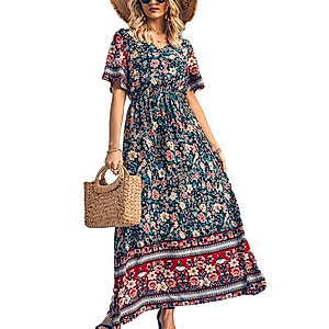 PRETTYGARDEN Women's Casual Summer Boho Floral Print Dress V Neck Short Sleeve High Waist Long Maxi Beach Dresses (Black,Medium)