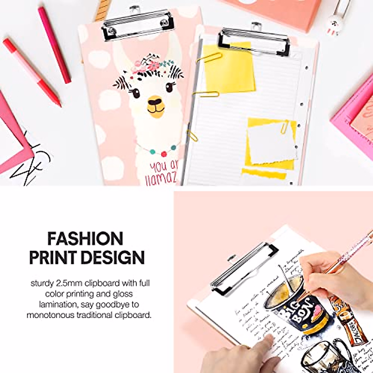 Fashion Clipboard, Wooden Print Designfull Color Printing Clipboard for Nurses, Lawyers and Students Use, A4 Standard Size 8.5" x 12.5" Paperboard Clipboard Low Profile Clip (Alpaca)