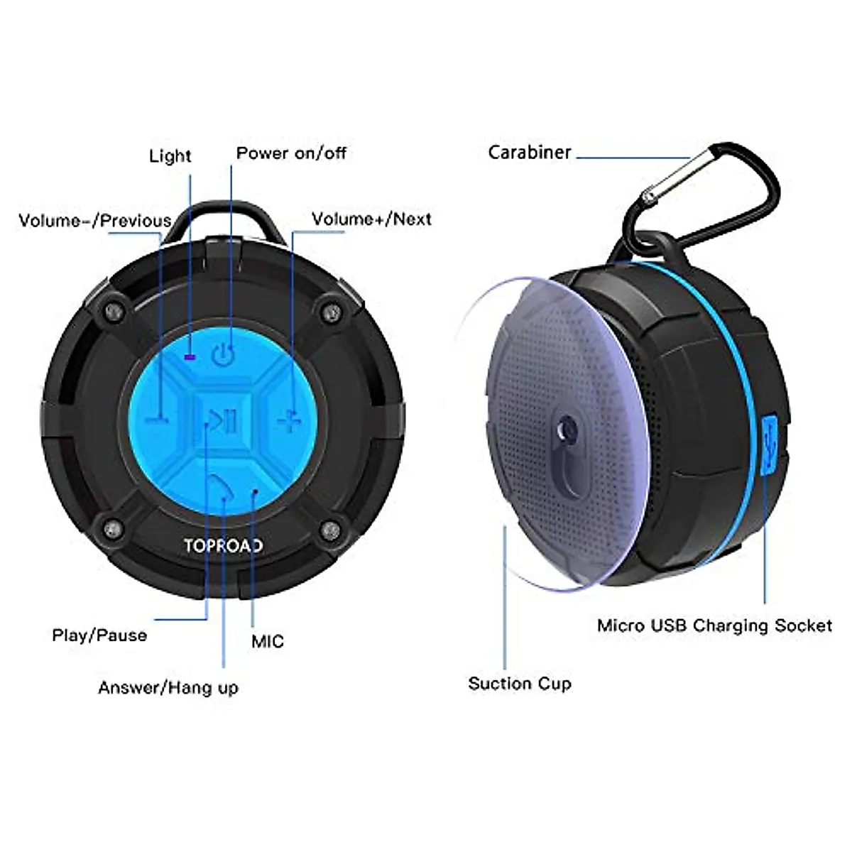 TOPROAD Portable Shower Speaker, IPX7 Waterproof Wireless Outdoor Speaker with HD Sound, 2 Suction Cups, Built-in Mic, Hands-Free Speakerphone for Bathroom, Pool, Beach, Hiking, Bicycle