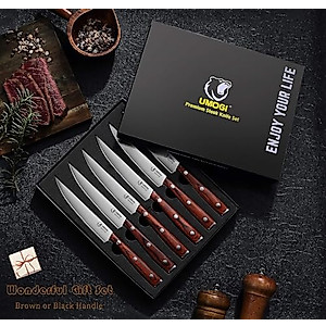 UMOGI Premium Steak Knives Set of 6 in Gift Box - Polished Wood Handle, HC German Stainless Steel, Straight Edge Non Serrated - 4.8''Dinner Knife, Kitchen Tableware Knives Cutlery Set