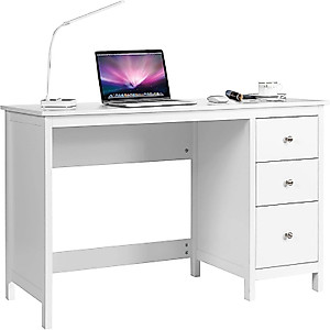 POWERSTONE Computer Desk with 3 Drawers, 48" Modern Home Office Desk Study Writing Table Computer Workstation (White)