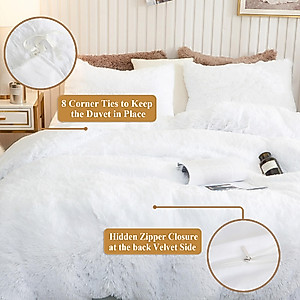 XeGe Plush Shaggy Duvet Cover Set, Luxury Ultra Soft Velvet Fluffy Bedding Sets 3 Pieces(1 Furry Faux Fur Comforter Cover King Size + 2 Fuzzy Faux Fur Pillowcases), Zipper Closure(King, White)