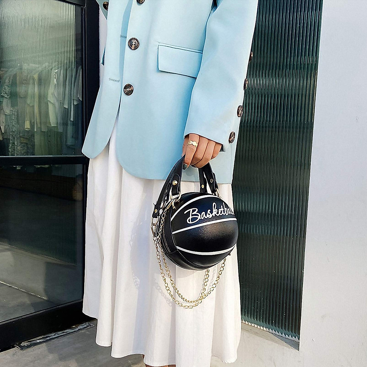 VALICLUD Shoulder Purse Round Basketball Shaped Bag PU Leather Round Handbag Shoulder BagsFashion Cow Crossbody Bag Fashion Winter Messenger Tote Bag for Women Girls (Black) Novelty Shaped Purse