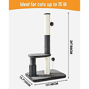 Happi N Pets 34“ Tall Cat Scratching Post for Big Cats, Natural Sisal Cat Scratchers for Indoor Cats, Heavy Duty Cat Stands Featuring with Cat Self Groomer and Hanging Toys, Free Catnip-Gray