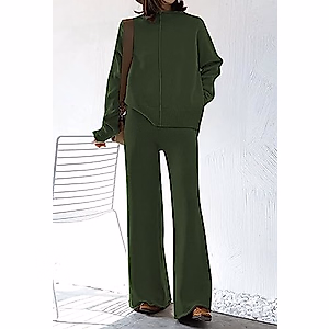 Pink Wind 2 Piece Outfits For Women Long Sleeve High Neck Sweatshirt Set Knitted Sweater Tracksuit Dark Green L