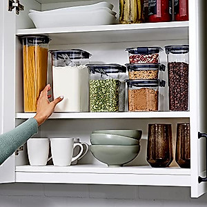 Rubbermaid 9-Piece Brilliance Food Storage Containers for Pantry with Lids and Scoops for Flour, Sugar, and Pasta, Dishwasher Safe, Clear/Grey