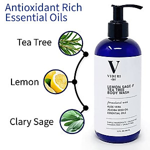 Videri Lemon Sage & Tea Tree Body Wash - Essential Oils, Aloe Vera & Jojoba - Antioxidant Rich, Gentle on Skin & Fresh Citrus Scent - Cruelty, Sulfate & Paraben Free, Vegan, Large 12 fl oz