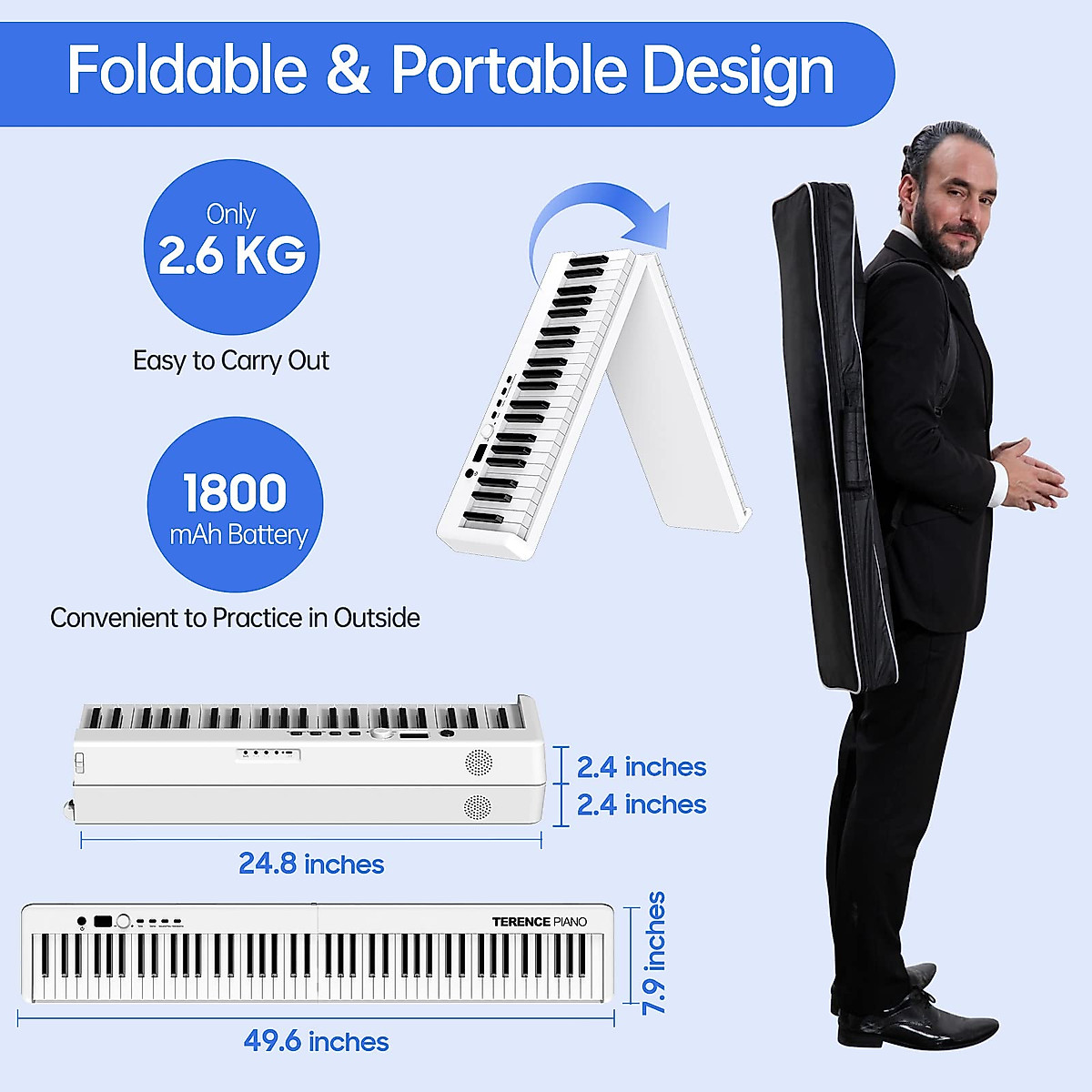 Folding Piano Keyboard, 88 Keys Full Size Semi-Weighted Foldable Piano, Support MIDI Bluetooth Portable Piano with LCD Screen Sheet Music Stand Sticker Sustain Pedal for Beginners Kids (White)