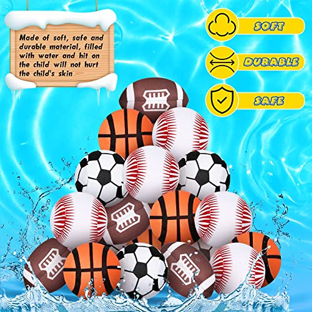 Leyndo 24 Pcs 2 Inch Water Pool Balls Toys Summer Soft Bomb Ball Sport Theme Absorbent Ball for Pool Swimming Beach Soaking Game Kids Party Activities, Baseball Football Soccer Beach Ball