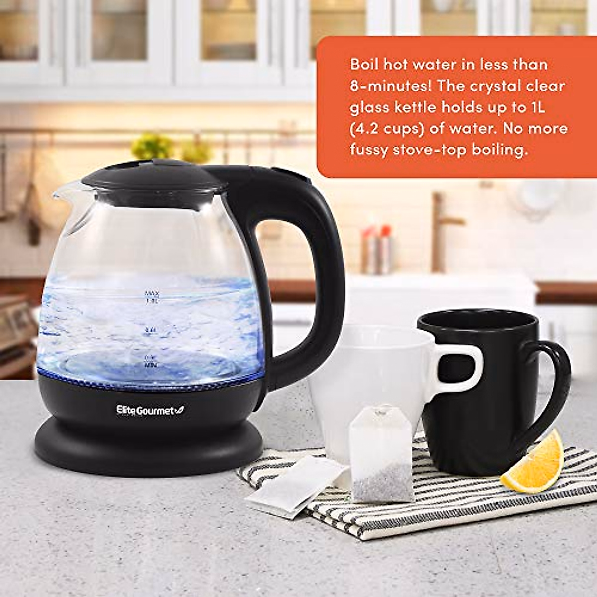 Elite Gourmet EKT1001 Maxi-Matic 1L Glass Electric Tea Kettle Hot Water Heater Boiler BPA-Free with Blue LED Interior Fast Boil and Auto Shut-Off, Black
