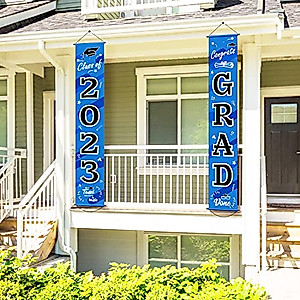2023 Graduation Decorations, 3 Pcs Class of 2023 Congrats Grad Banner, Blue and Black Graduation Party Decorations Hanging Banner Door Porch Sign Photo Props for College, High School and Other Grades
