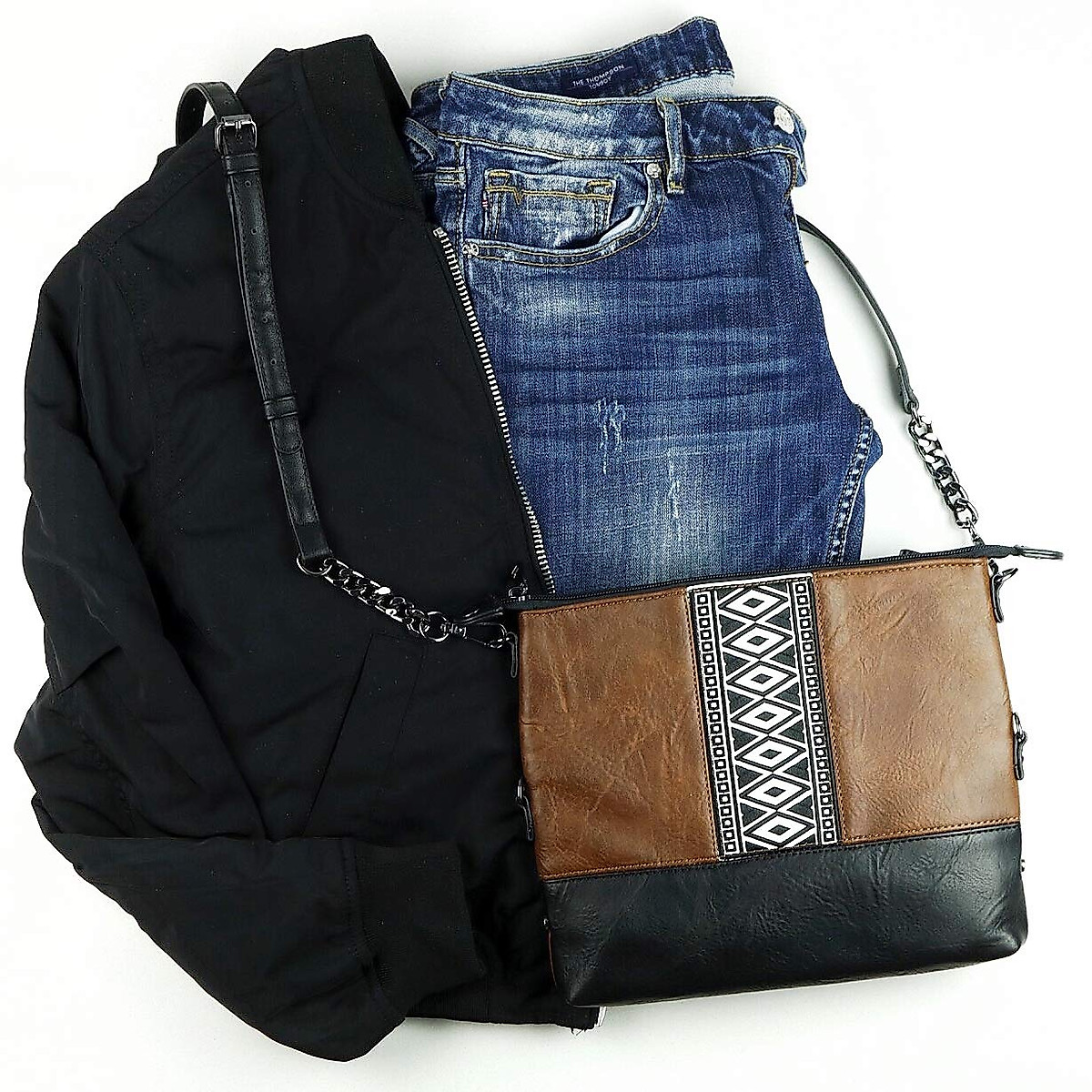 K&Bo Juniper Women’s Chain Crossbody Handbag Purse Brown, Boho Embroidered Medium, Converts to Clutch Bag, Lightweight