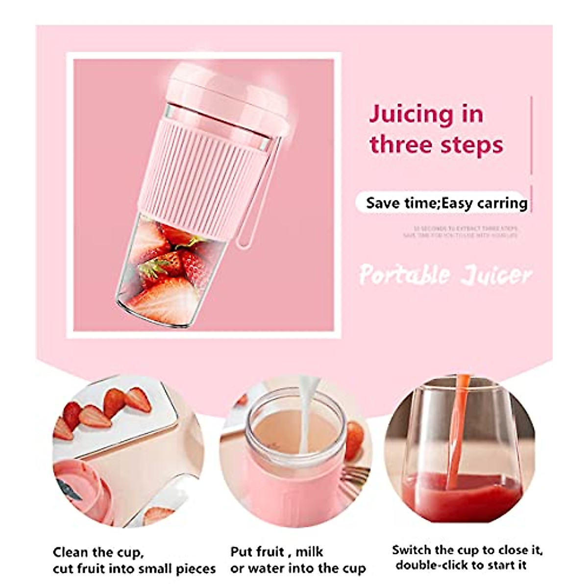 Portable Blender Cordless Smoothies and Shakes Detachable Personal Size Juicer cup with USB Rechargeable four Blades Fruit Mixing Machine 10oz Travel Mini Mixer Handheld Blender for Sports Gym pink (pink)