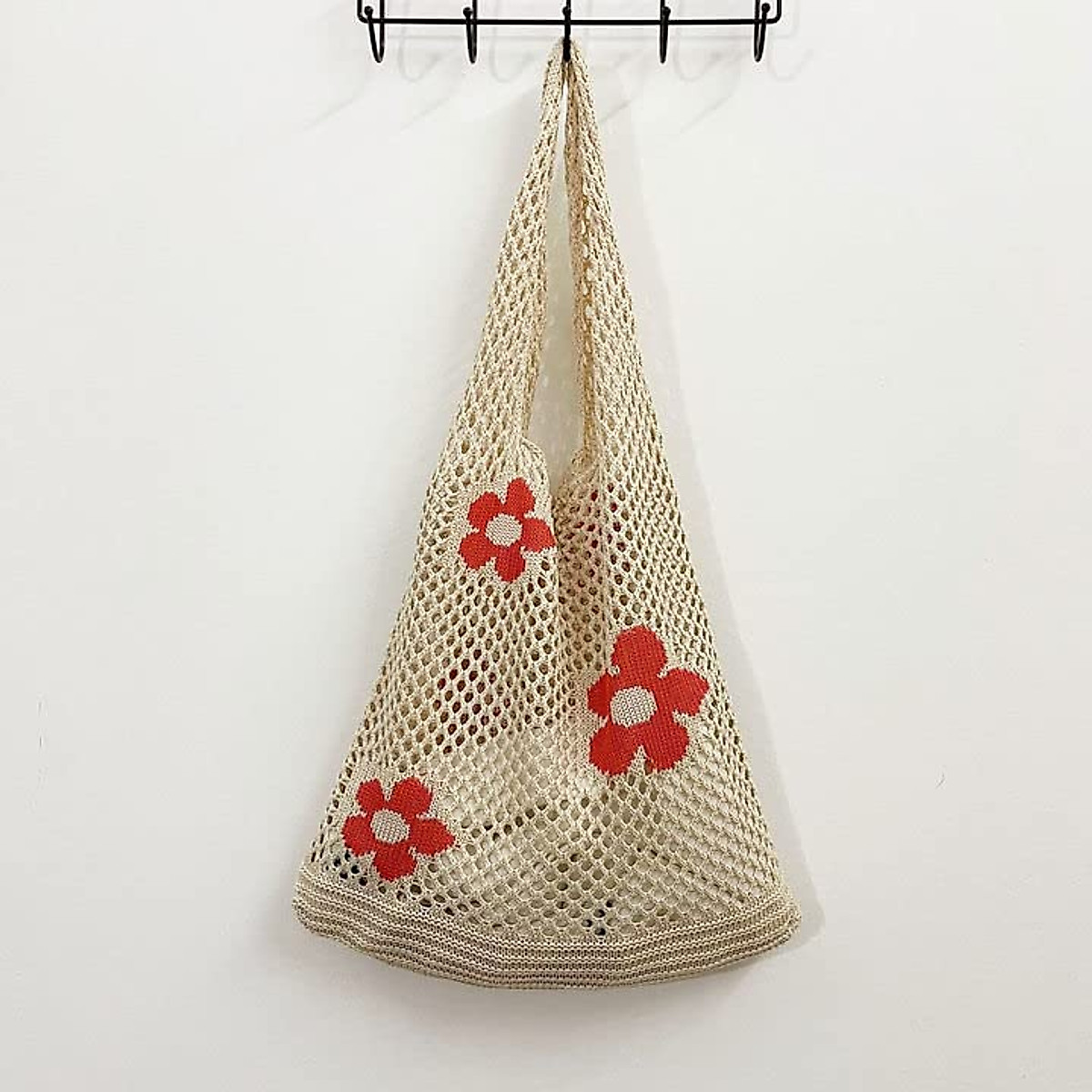 Nichalous Flower Crochet Tote Bag, Women Tourist Beach Handbag Aesthetic Hobo Bag Tote Bag Weaving Large Capacity Handbag（apricot）