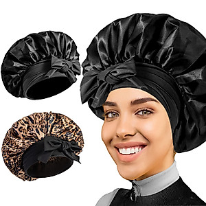Women Satin Bonnet, Large Satin Bonnets for Braids Jumbo Size Silk Bonnet For Sleeping, Black Women Hair Bonnet with Stretchy Tie Band Sleep Bonnet Cap for Long Curly Hair Braid (Black & Leopard)