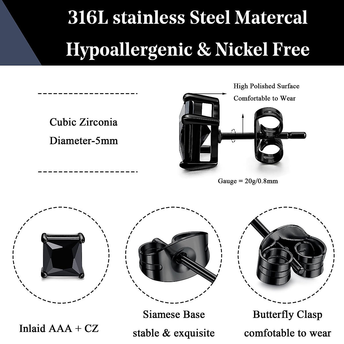 ORAZIO Black Silver Earrings for Men,Stainless Steel Cubic Zirconia Earrings 20G Mens Earrings Hypoallergenic CZ Earrings Studs Trendy Square Earring Studs Set 4-8MM,CZ 5MM