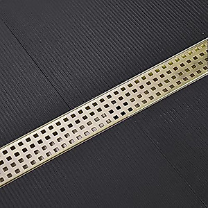 Nicmondo Linear Shower Drain 24 Inch, Bathroom Rectangular Floor Drain with Removable Cover Grid Grate, Adjustable Leveling Feet, Hair Strainer, SUS304 Stainless Steel Trench Drains, Brushed Gold