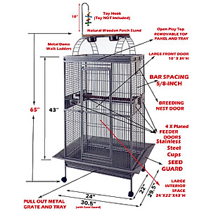 Large Elegant and Durable Play Top Bird Cage Parrot Finch Macaw Cockatoo Bird Wrought Iron Cage (Black Vein)