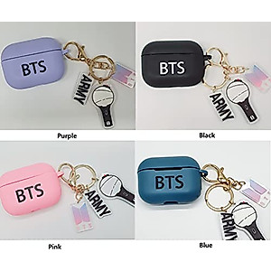 BT-S Airpods Pro Case with Kpop Bangtan Boys Army Bomb Keychain, Protective Premium Silicone Cover Compatible with Apple Airpods Pro (Purple)