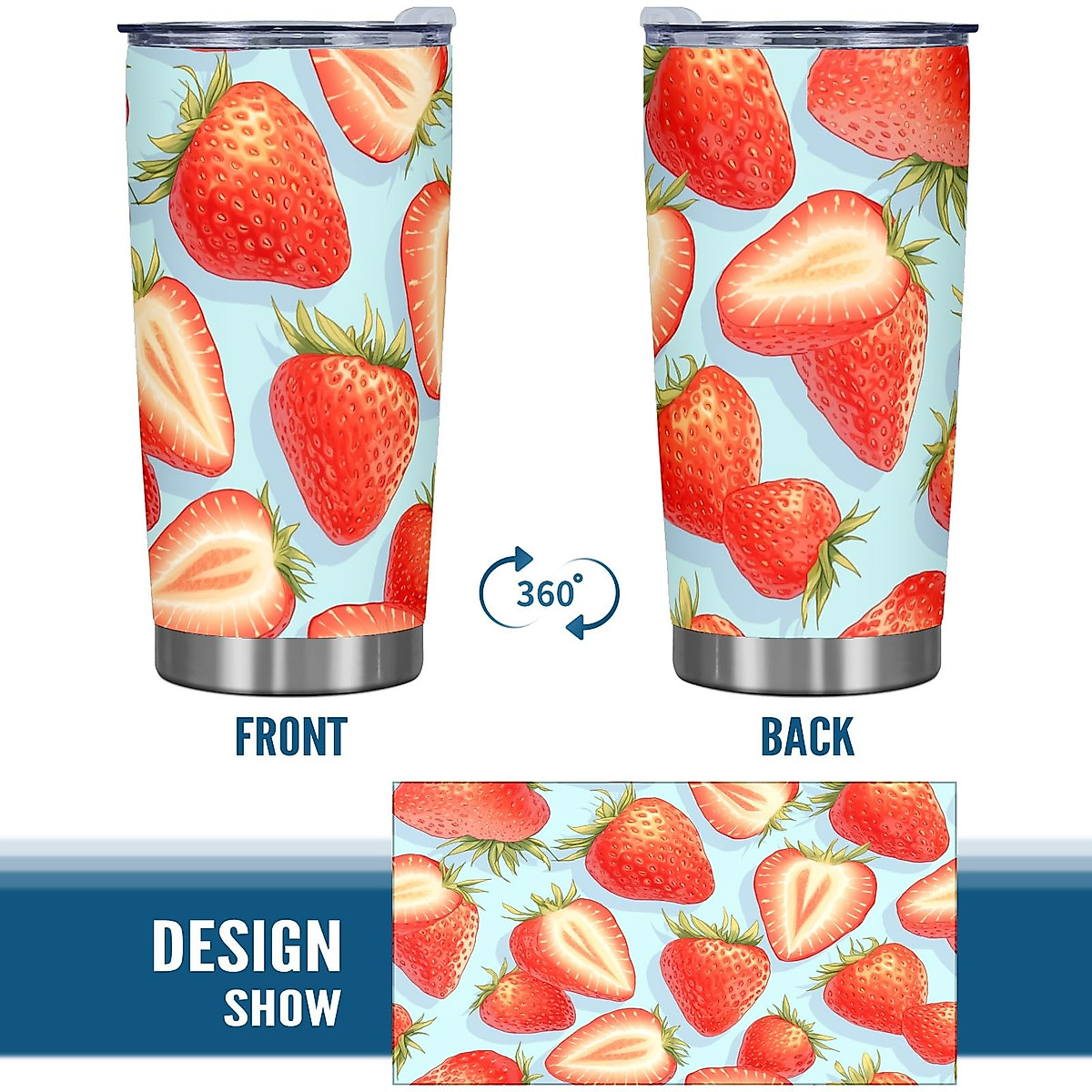 QWEUIOP 20oz Insulated Travel Coffee Mug Fruits Strawberry Stainless Steel Tumbler with Lid Double Wall Vacuum Coffee Cup For Hot and Cold Drinks14577