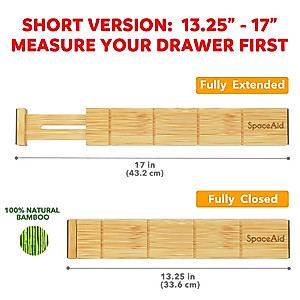 SpaceAid Bamboo Drawer Dividers with Inserts and Labels, Kitchen Adjustable Drawer Organizers, Expandable Organization for Home, Office, Dressers, 4 Dividers with 9 Inserts (13.25-17 in)