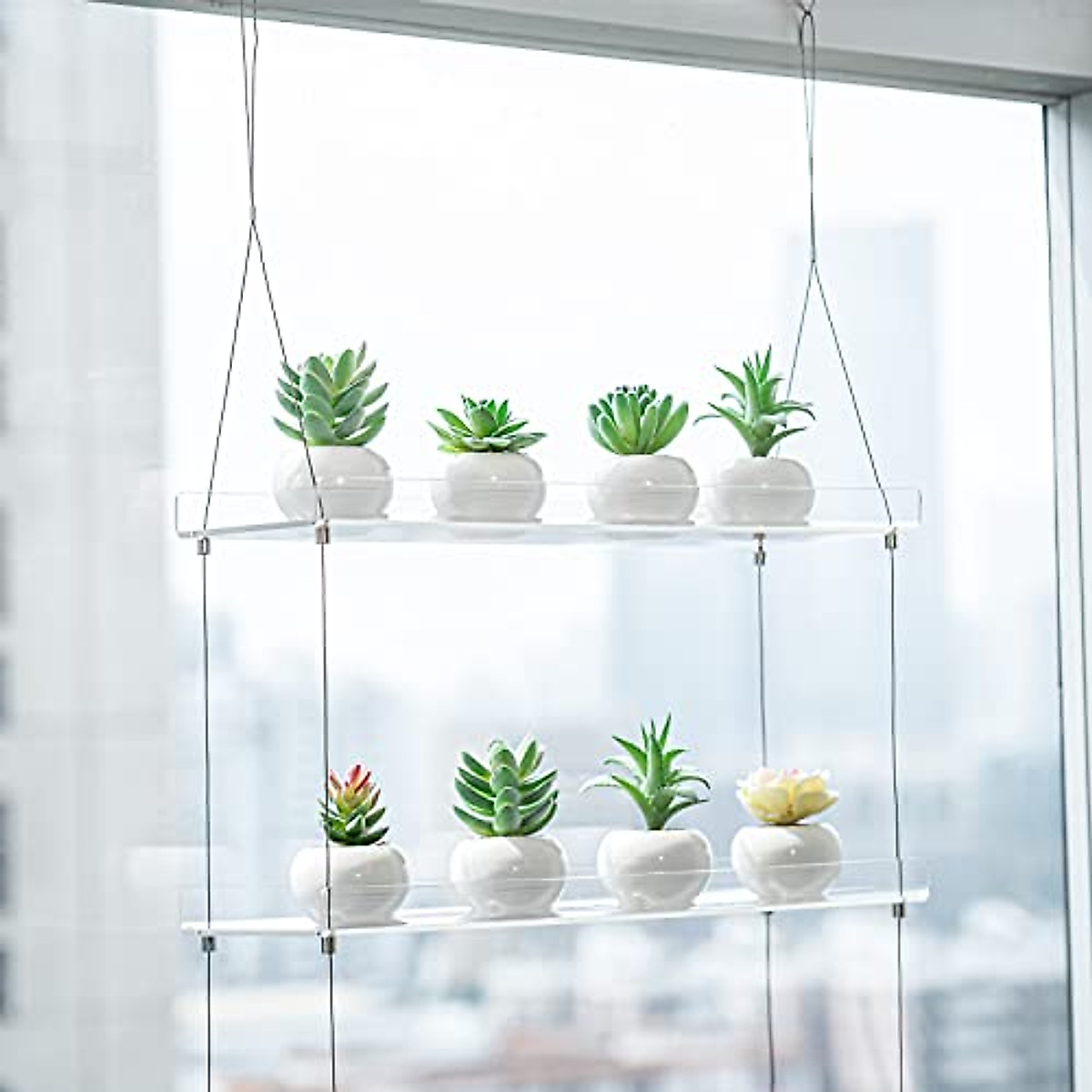 Sumerflos Acrylic Hanging Floating Shelves, 2Tier Clear Indoor Wall Window Storage Rack, Height Adjustable Display Floating Shelves for Home, Kitchen, Bedroom, Bathroom